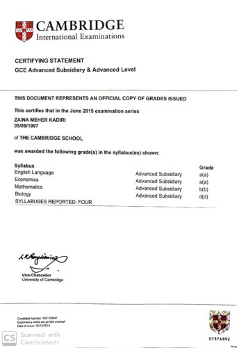 Cambridge Transcripts | ZAINA MEHER KADIRI